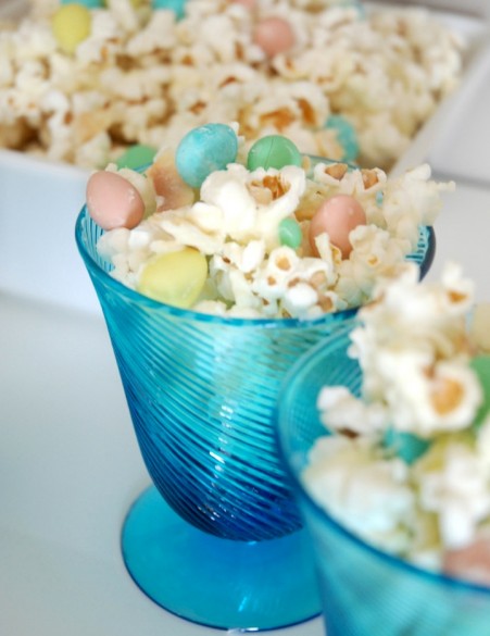 White Chocolate Coconut Popcorn with Mini Eggs | Sugar Plum Sisters